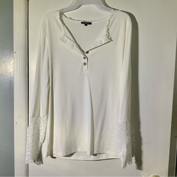 roly poly | Tops | Roll Poly White Lacy Sleeve Button Front Sz L | Poshmark